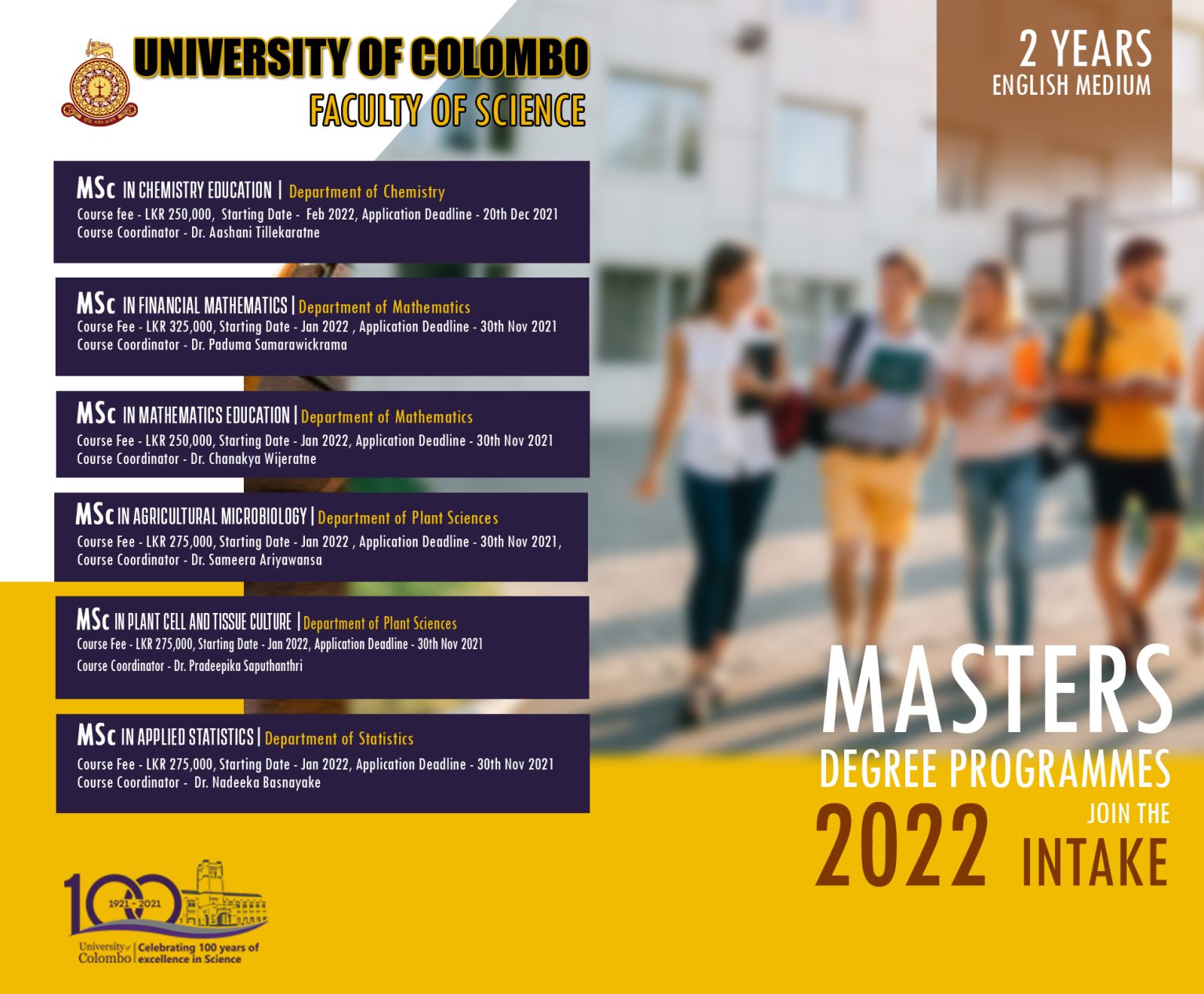 Masters Degree Programmes 2022 Intake - Faculty of Science